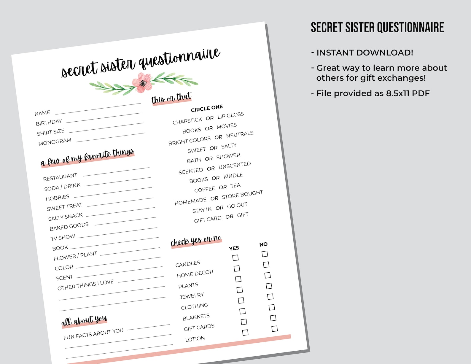 Secret Sister Questionnaire Gift Exchange Survey and Favorite - Etsy