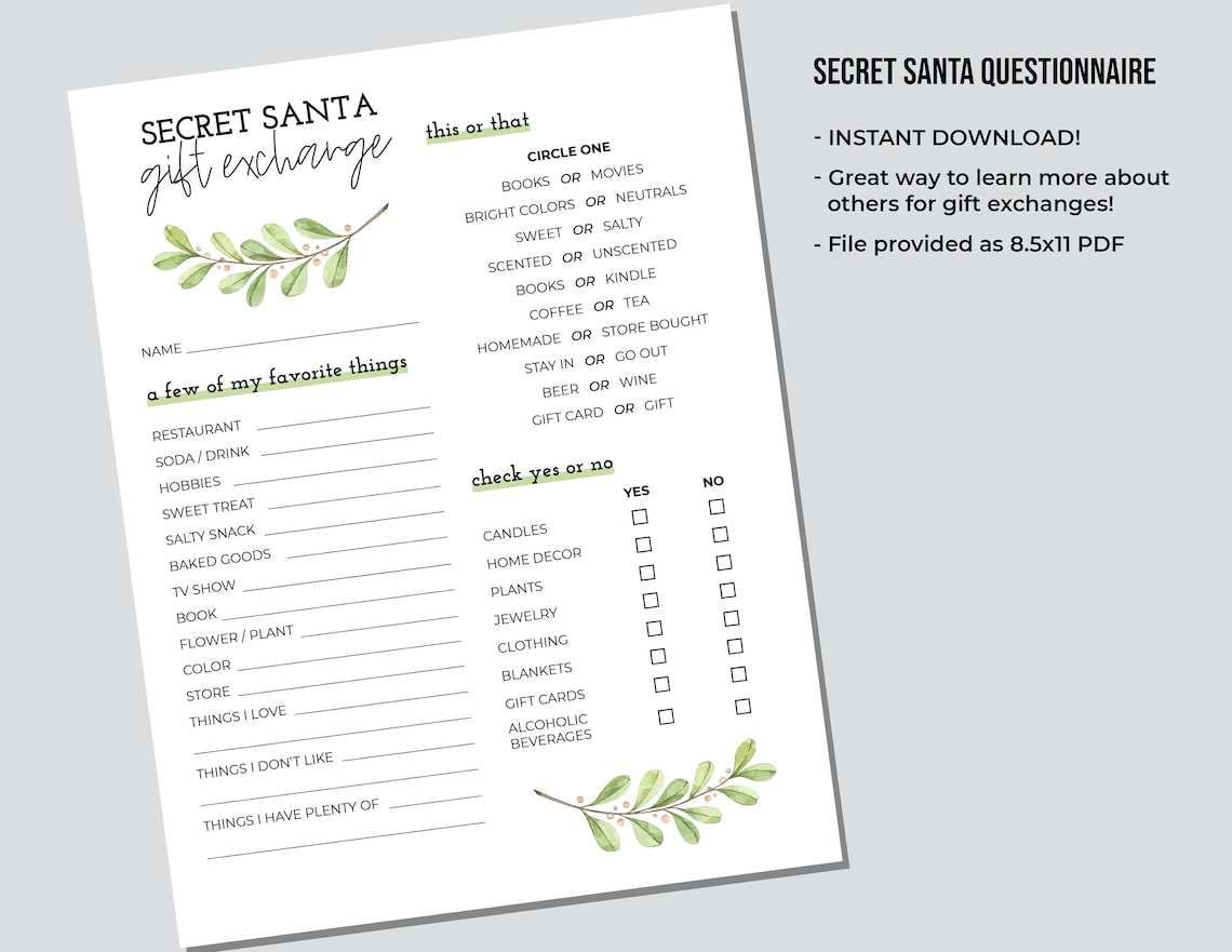 Secret Santa Questionnaire Gift Exchange Survey and Favorite - Etsy