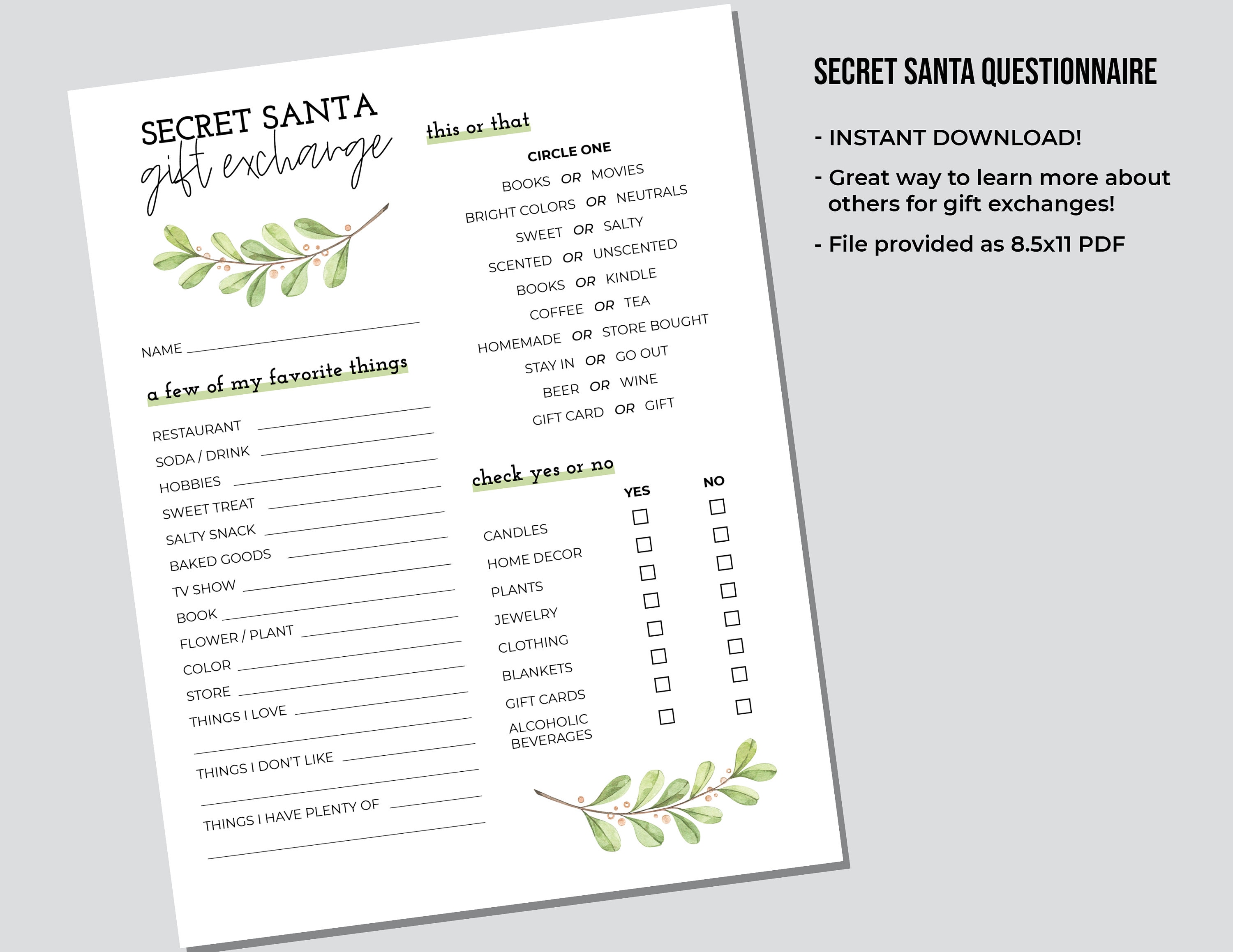 Secret Santa Questionnaire Gift Exchange Survey and Favorite - Etsy