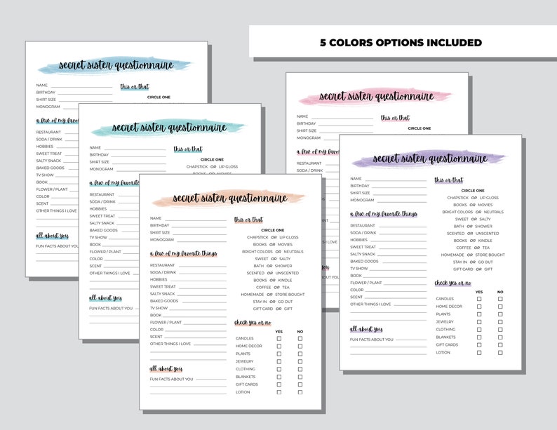 Secret Sister Questionnaire Gift Exchange Survey and Favorite - Etsy