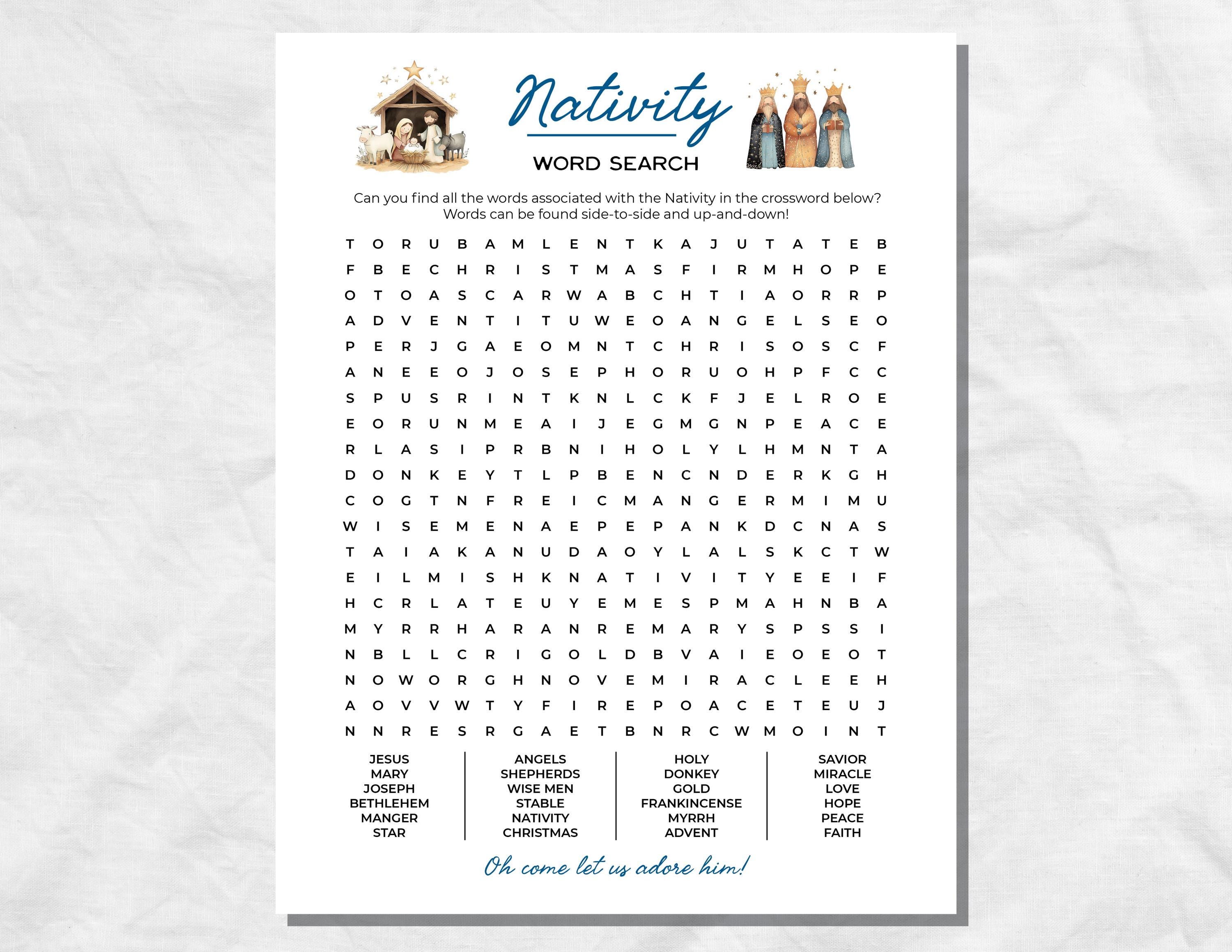 Nativity Word Search, Bible Christmas Word Games for Adults, Nativity ...