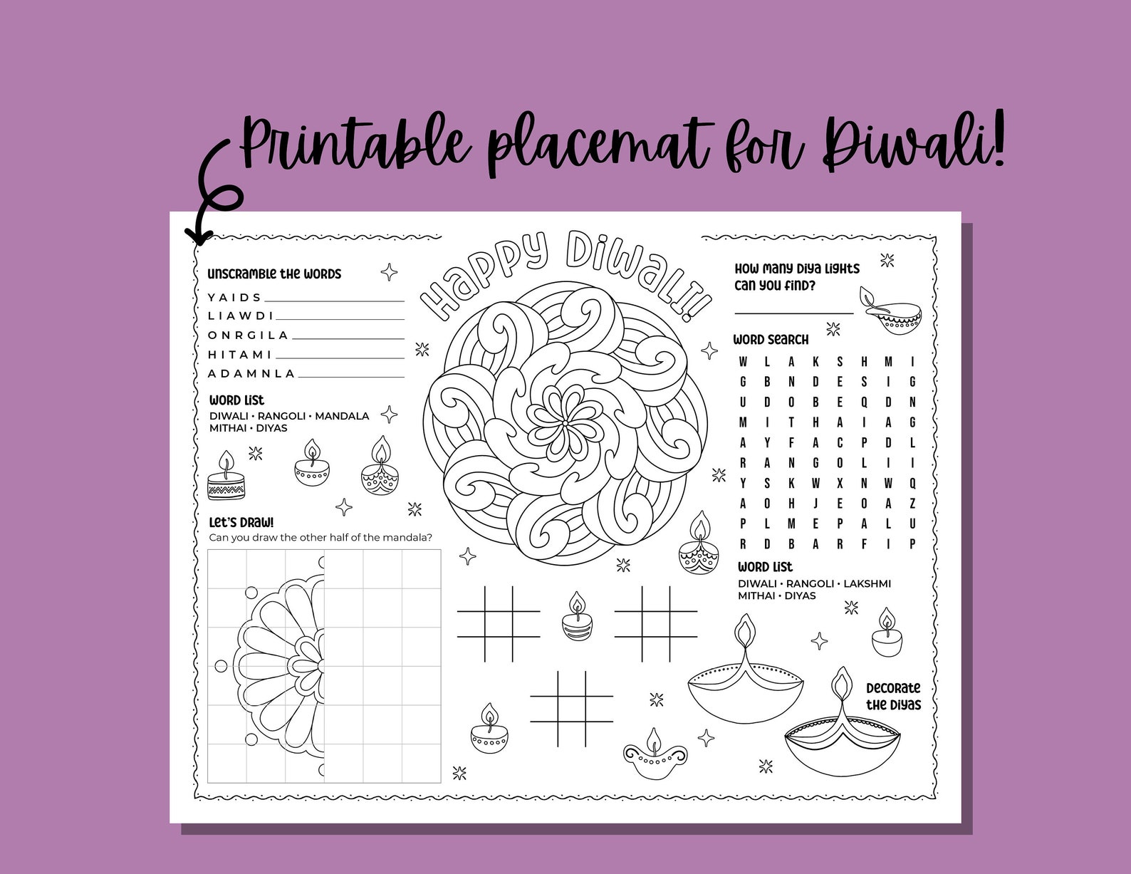 Diwali Coloring Page Placemat Activity for Kids Diwali Celebration ...