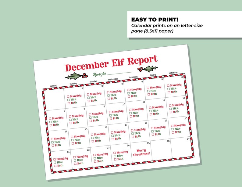 Elf Report Calendar Printable, December Elf Calendar, Elf on Strike ...