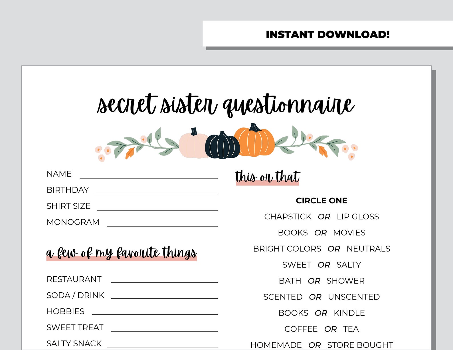 Halloween Secret Sister Questionnaire Fall Gift Exchange - Etsy