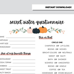 Halloween Secret Sister Questionnaire, Fall Gift Exchange Survey and ...