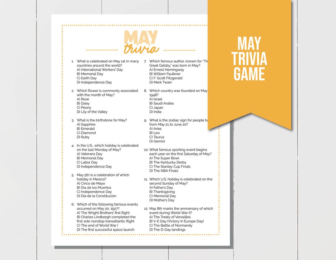May Trivia Printable Game, May Quiz Question and Answers, May Themed ...