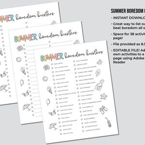 EDITABLE Summer Boredom Busters for Kids, I'm Bored Checklist Printable ...