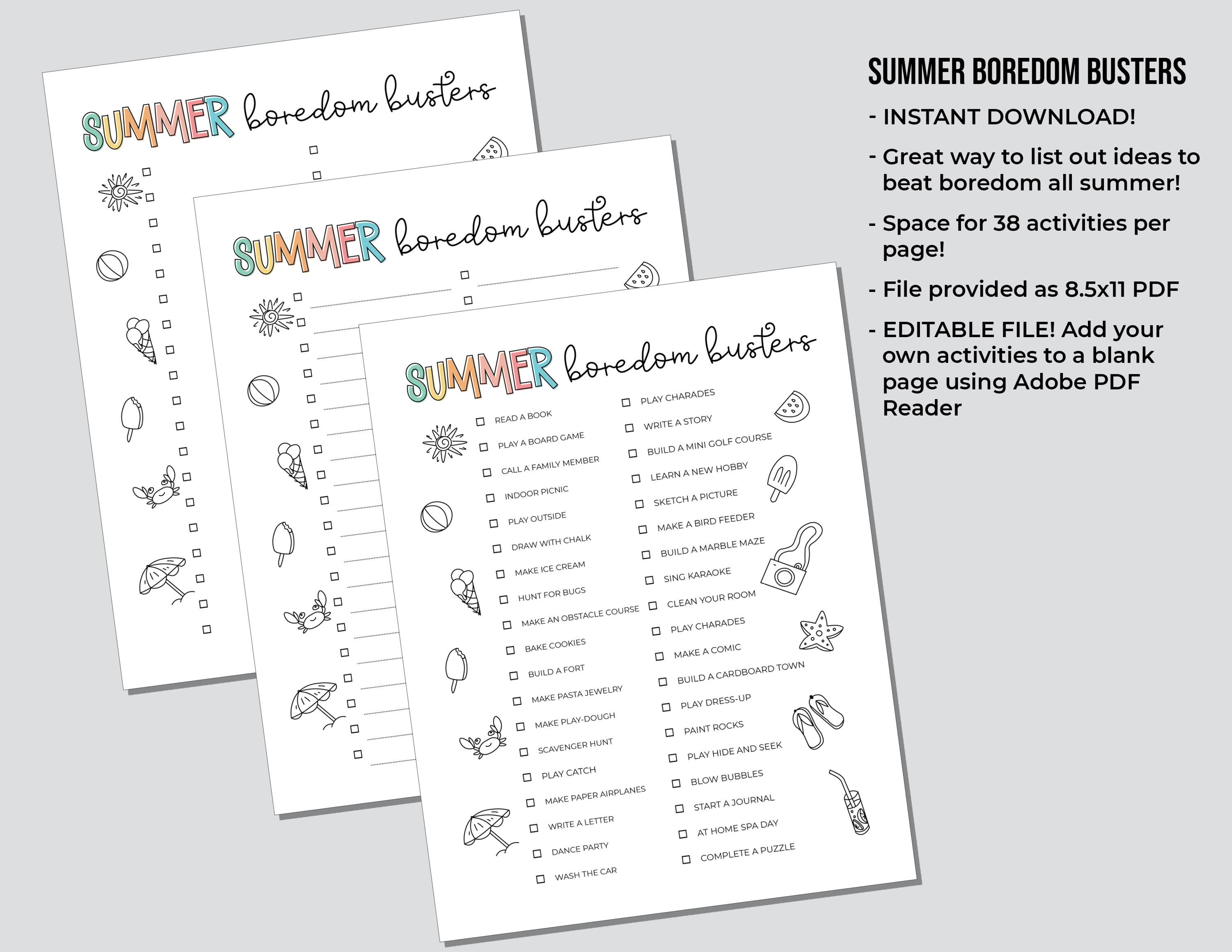EDITABLE Summer Boredom Busters for Kids, I'm Bored Checklist Printable ...