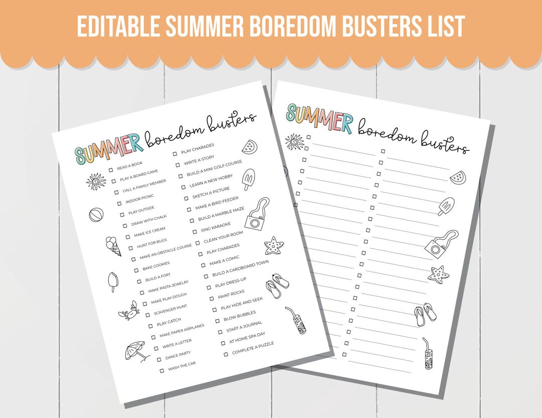 EDITABLE Summer Boredom Busters for Kids, I'm Bored Checklist Printable ...