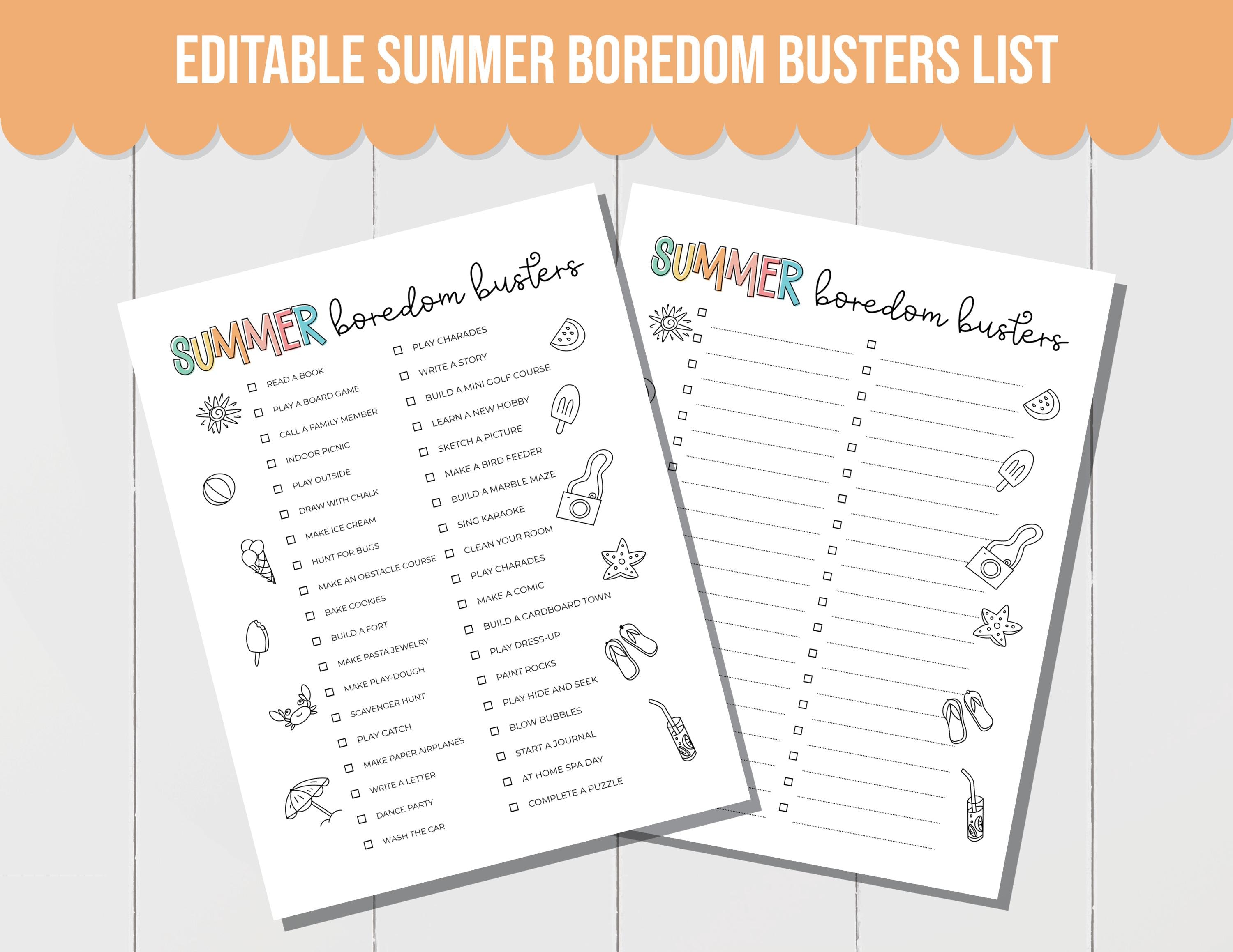 EDITABLE Summer Boredom Busters for Kids, I'm Bored Checklist Printable ...