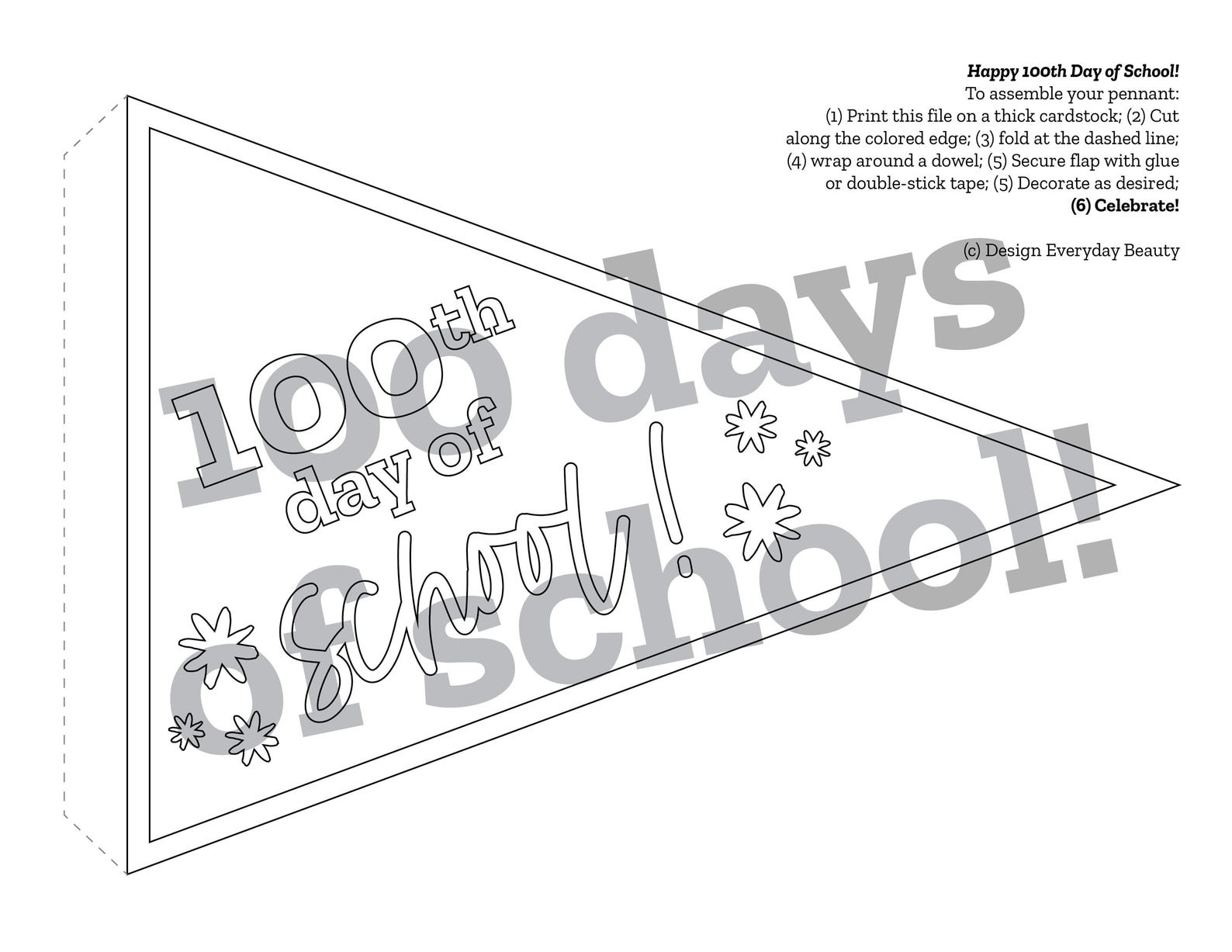 100th Day of School Pennant Flag Coloring Page Activity, Celebrate 100 ...
