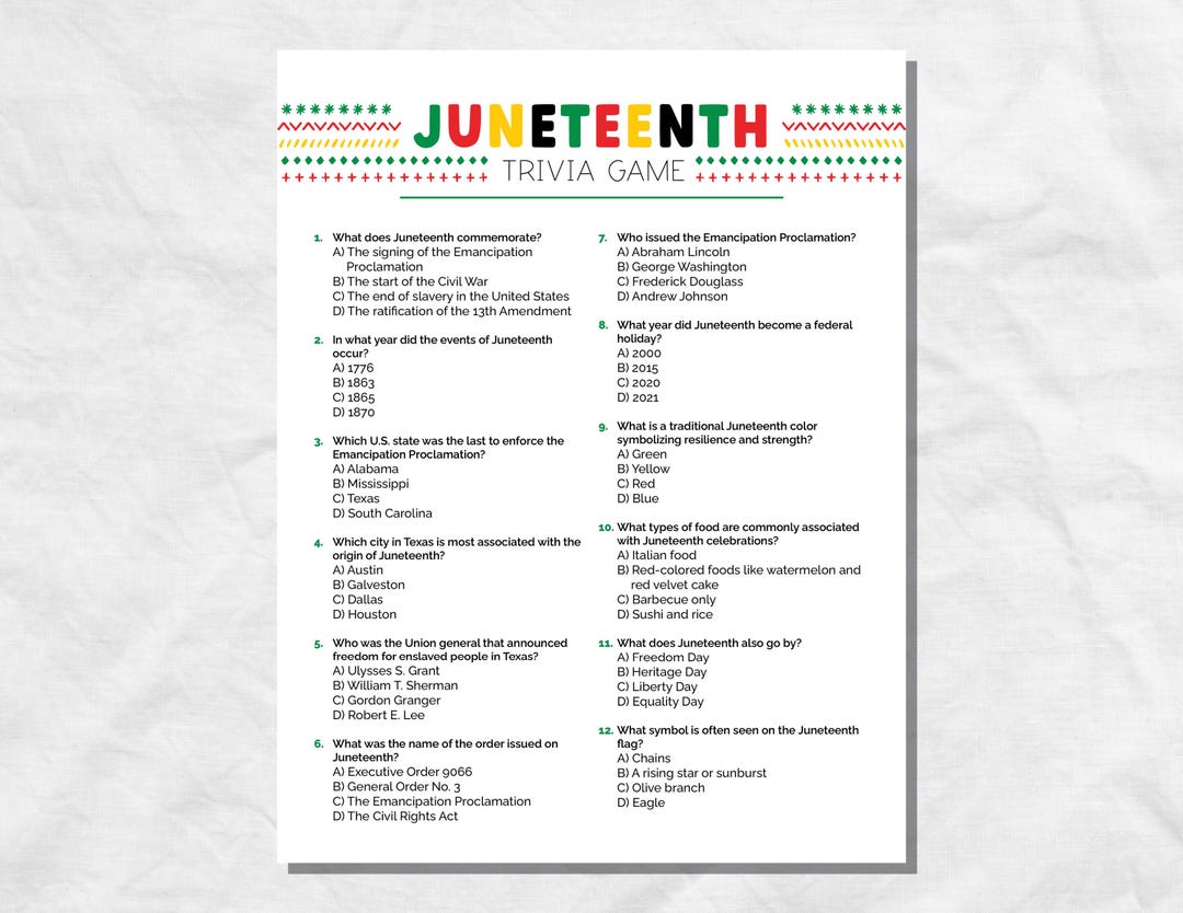 Juneteenth Trivia Game, Printable Freedom Day Trivia Game, Black ...