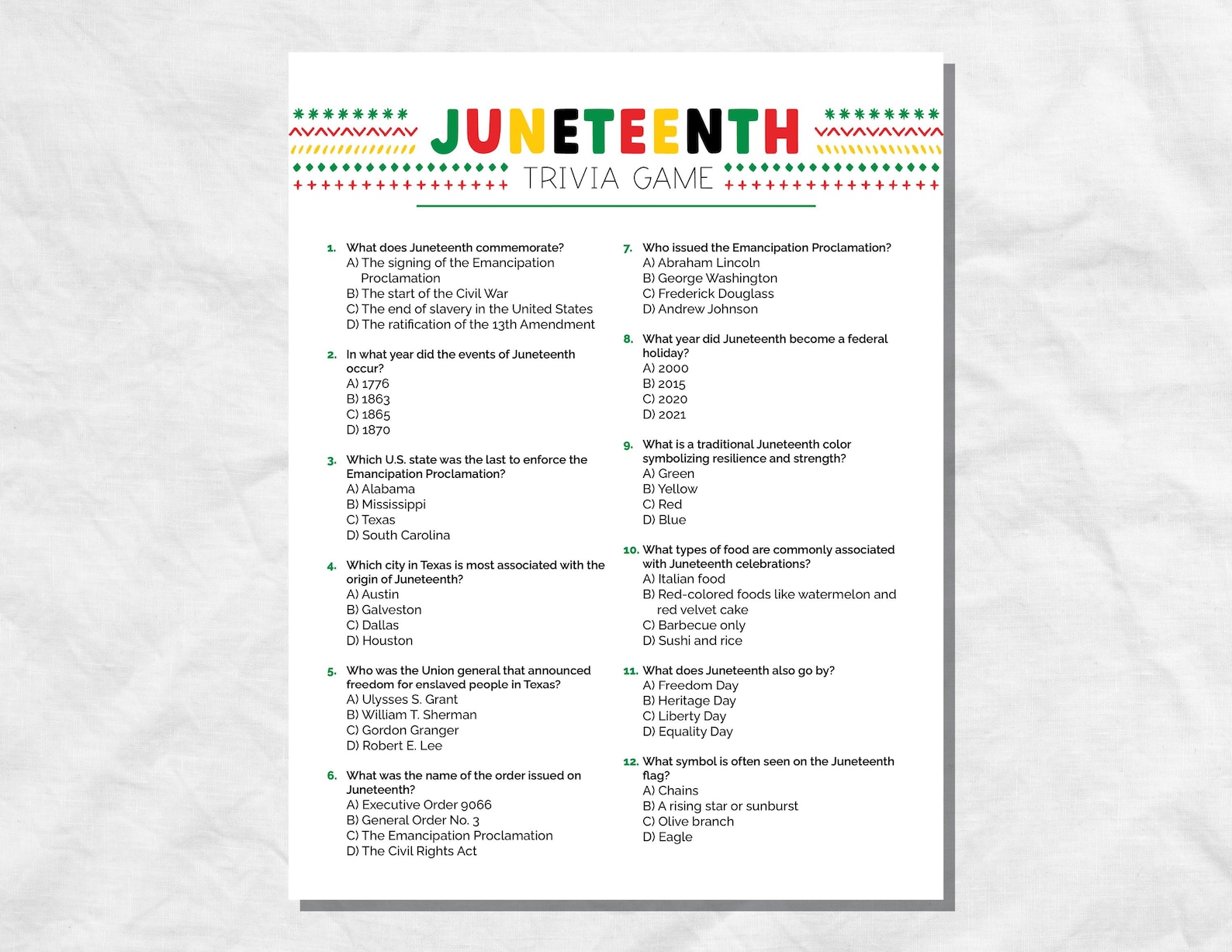 Juneteenth Trivia Game, Printable Freedom Day Trivia Game, Black ...