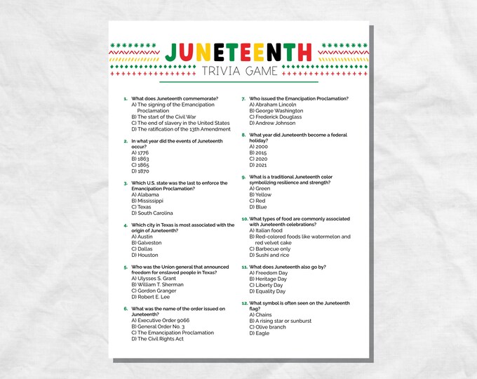 Juneteenth Trivia Game, Printable Black History Quiz, Juneteenth Game ...