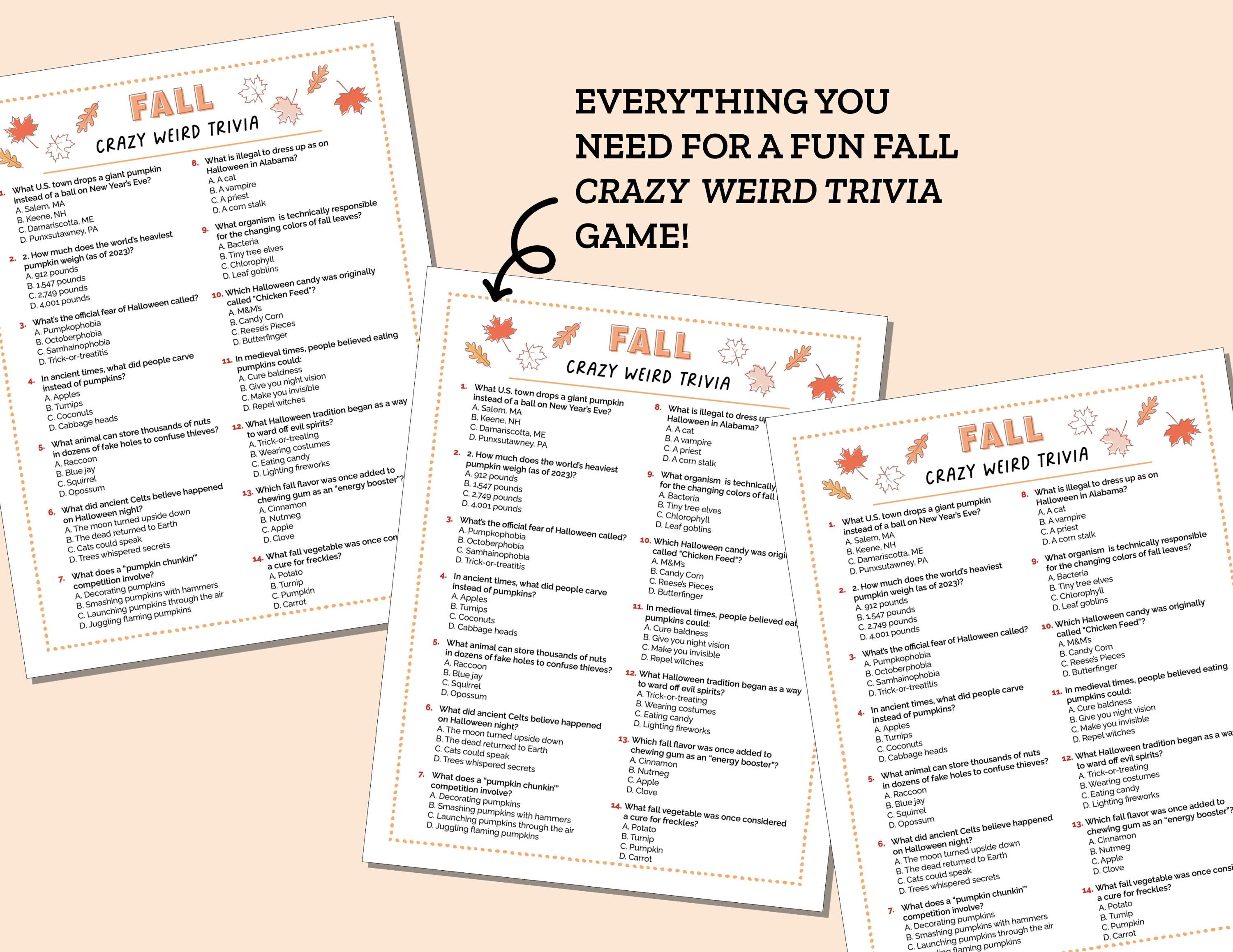 Crazy Weird Fall Trivia Game, Autumn Trivia Quiz for Fall Office Party ...