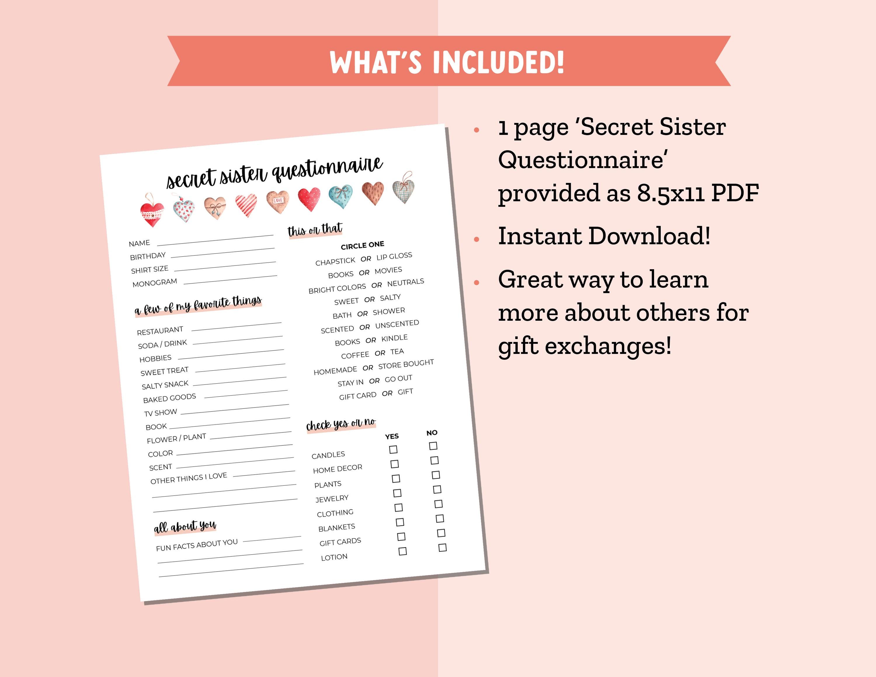 Valentines Day Secret Sister Questionnaire, Gift Exchange Survey and ...