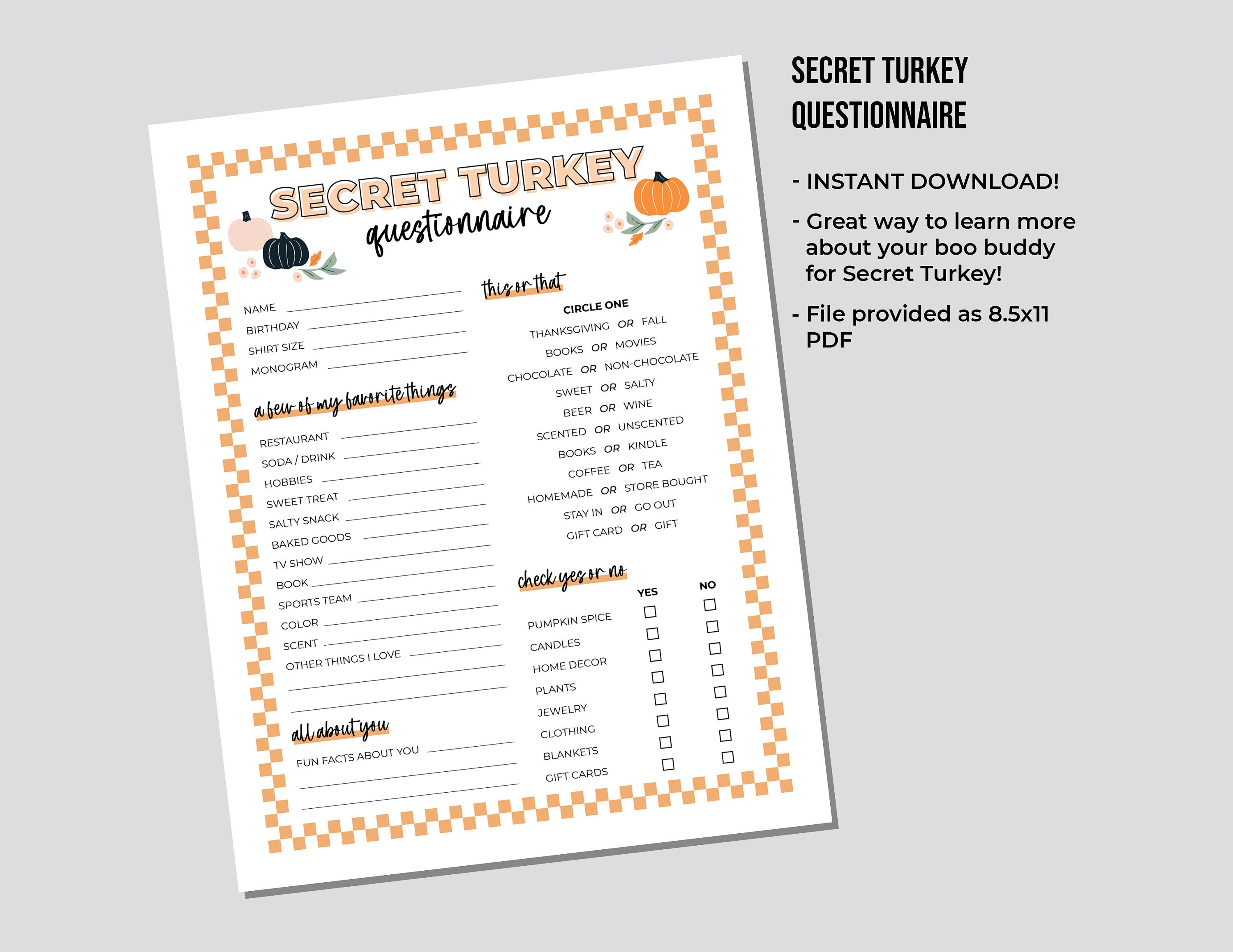 Thanksgiving Secret Turkey Questionnaire, Fall Gift Exchange Survey and ...