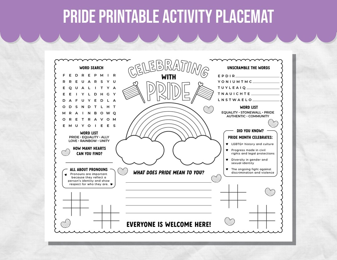 Pride Coloring Activity Placemat, Pride Activity for Kids, Classroom ...