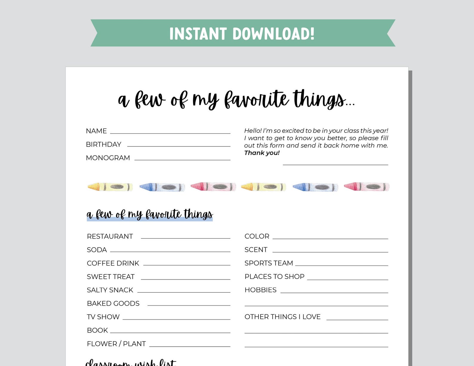 All About the Teacher Printable With Classroom Wishlist, Teacher ...