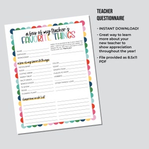 Teacher Favorite Things, All About the Teacher Printable With Classroom ...