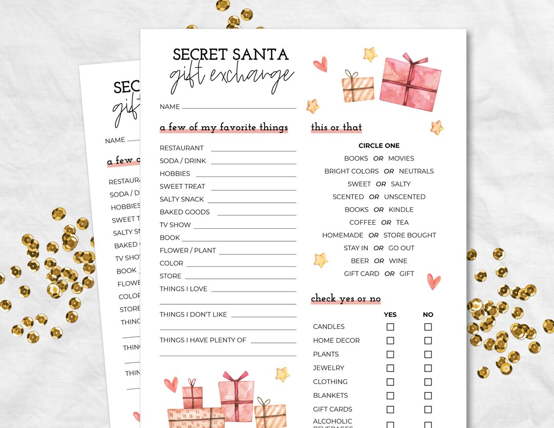 Secret Santa Questionnaire, Gift Exchange Survey and Favorite Things ...