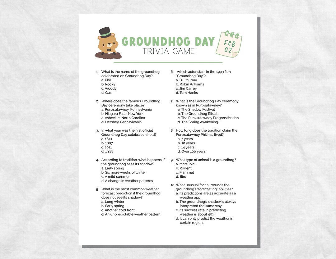 Groundhog Day Trivia Game for Pub Trivia Night or Groundhog Day Party ...