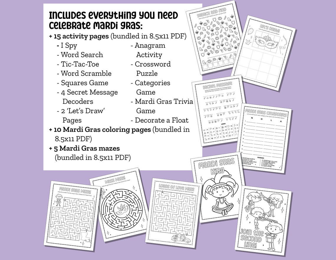 Mardi Gras Printable Activity Pack With Coloring Pages, Word Search ...