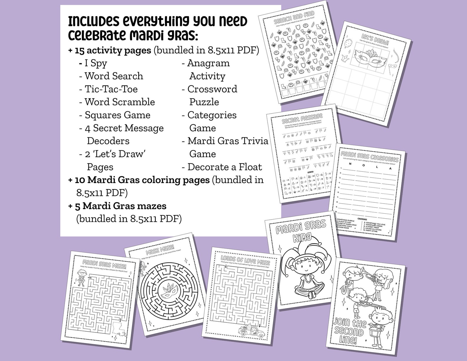 Mardi Gras Printable Activity Pack With Coloring Pages, Word Search ...