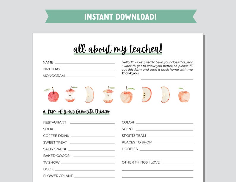 All About the Teacher Printable With Classroom Wishlist, Teacher ...