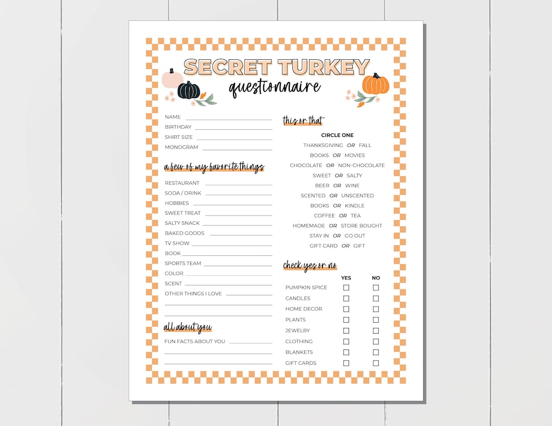 Thanksgiving Secret Turkey Questionnaire, Fall Gift Exchange Survey and ...