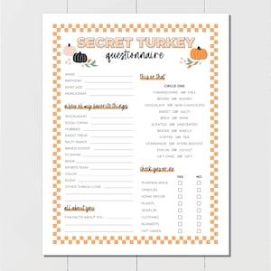 Thanksgiving Secret Turkey Questionnaire, Fall Gift Exchange Survey and ...