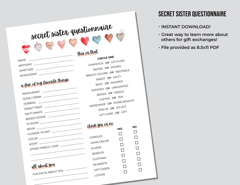 Valentines Day Secret Sister Questionnaire Gift Exchange - Etsy