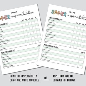 EDITABLE Summer Responsibility Chart for Kids Printable, Kids Chore ...