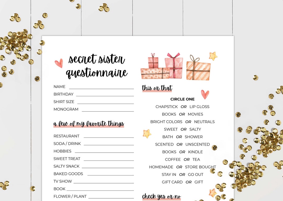 Christmas Secret Sister Questionnaire, Gift Exchange Survey and ...