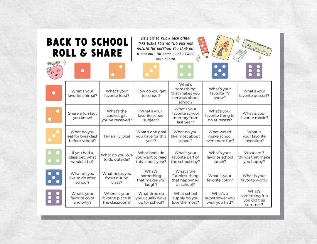 Back to School Roll and Share Game for Classroom Icebreaker, Kids Dice ...