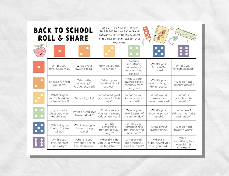 Back to School Roll and Share Game for Classroom Icebreaker, Kids Dice ...