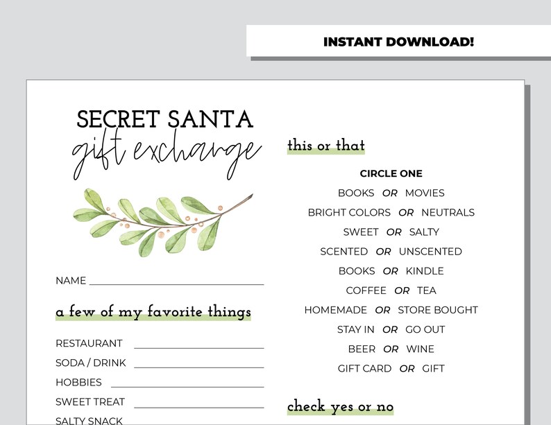 Secret Santa Questionnaire Gift Exchange Survey and Favorite - Etsy
