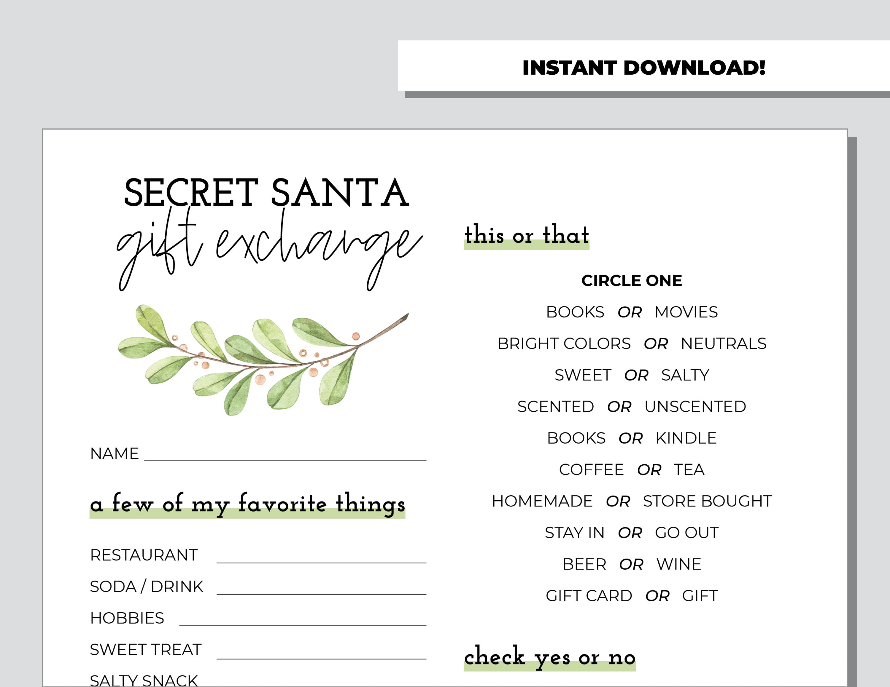 Secret Santa Questionnaire Gift Exchange Survey and Favorite - Etsy