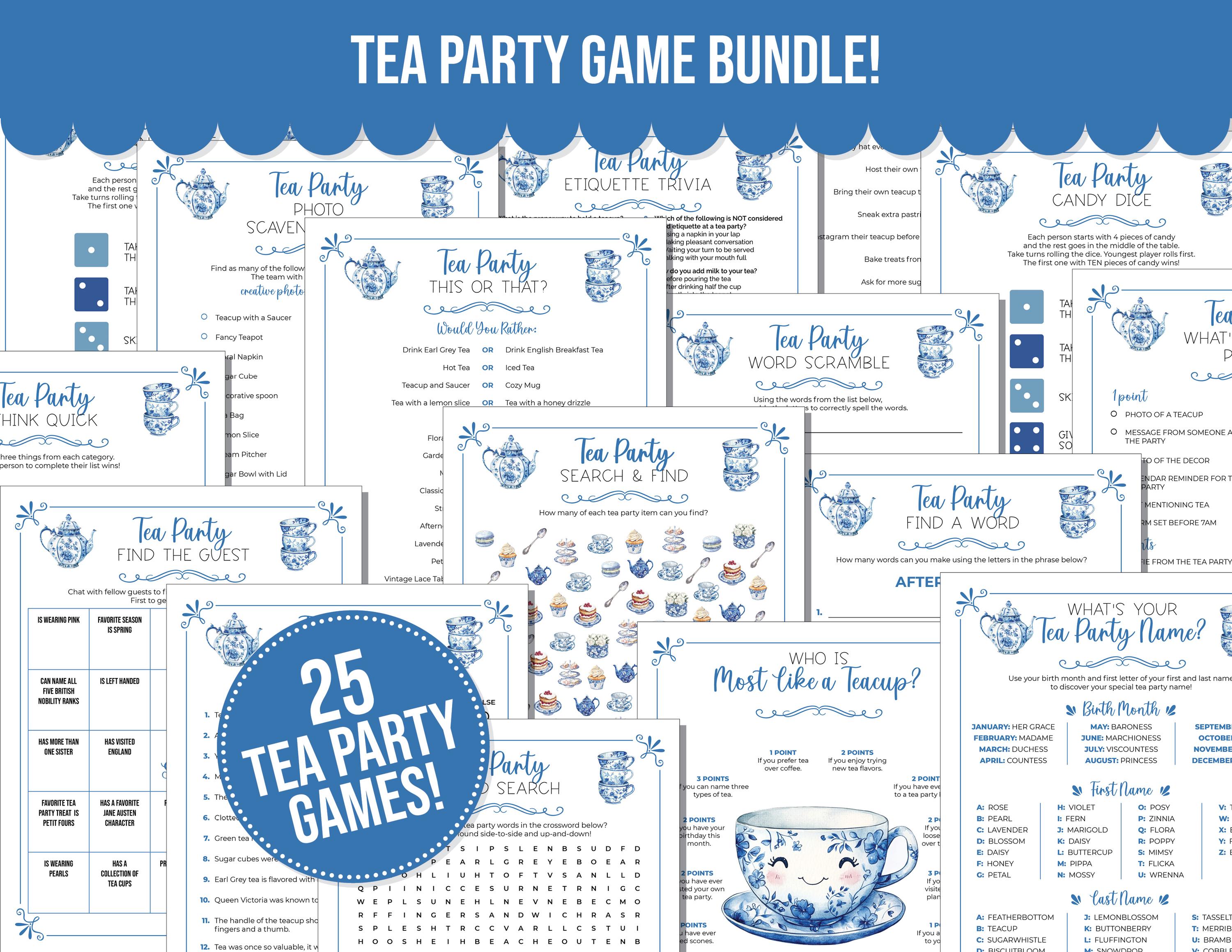 Blue Toile Tea Party Game Bundle With Tea Party Game Ideas, Birthday ...