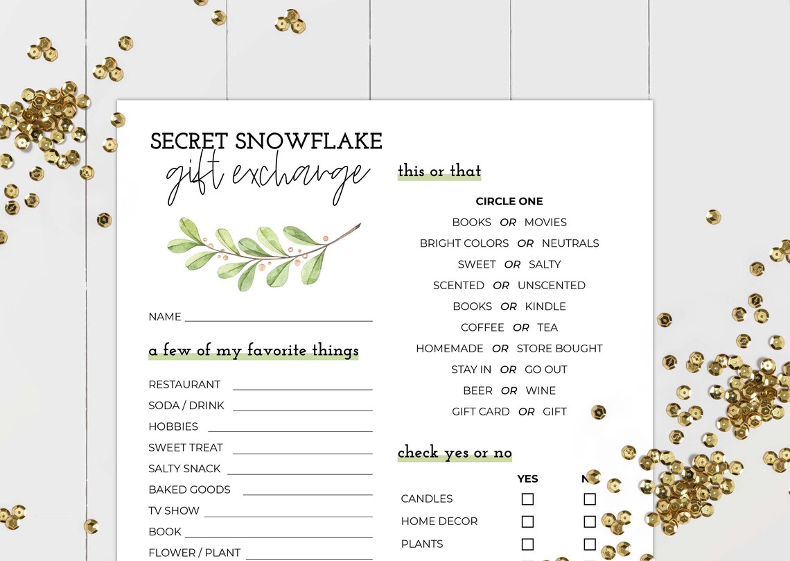 Secret Snowflake Questionnaire Gift Exchange Survey and - Etsy