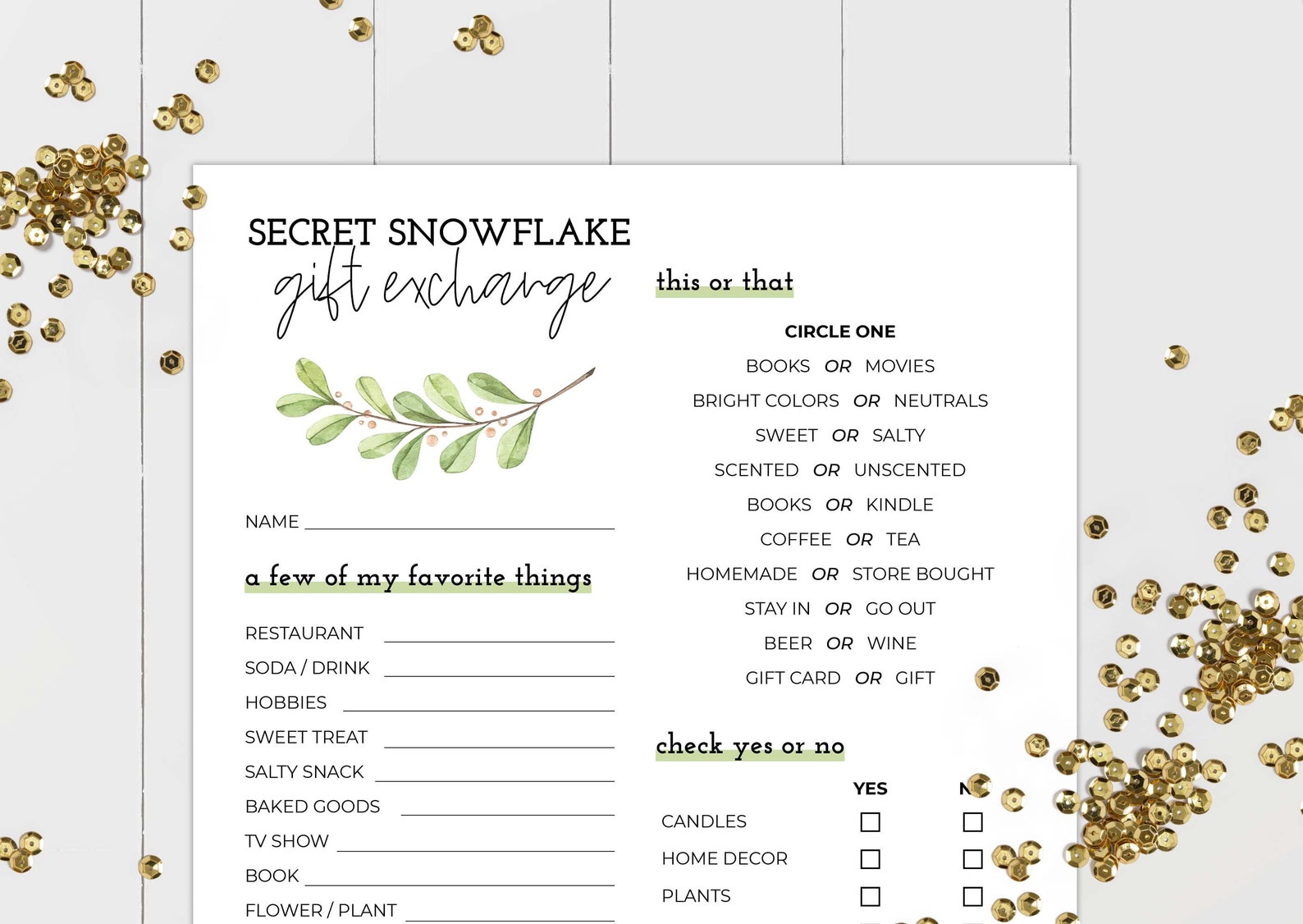 Secret Snowflake Questionnaire, Gift Exchange Survey and Favorite ...