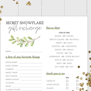 Secret Snowflake Questionnaire, Gift Exchange Survey and Favorite ...