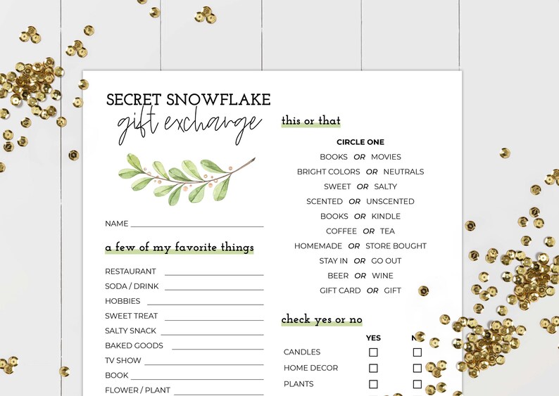 Secret Snowflake Questionnaire, Gift Exchange Survey and Favorite ...