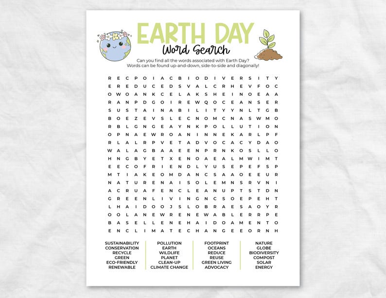 Earth Day Word Search Puzzle, Eco-friendly Classroom Activity (digital ...