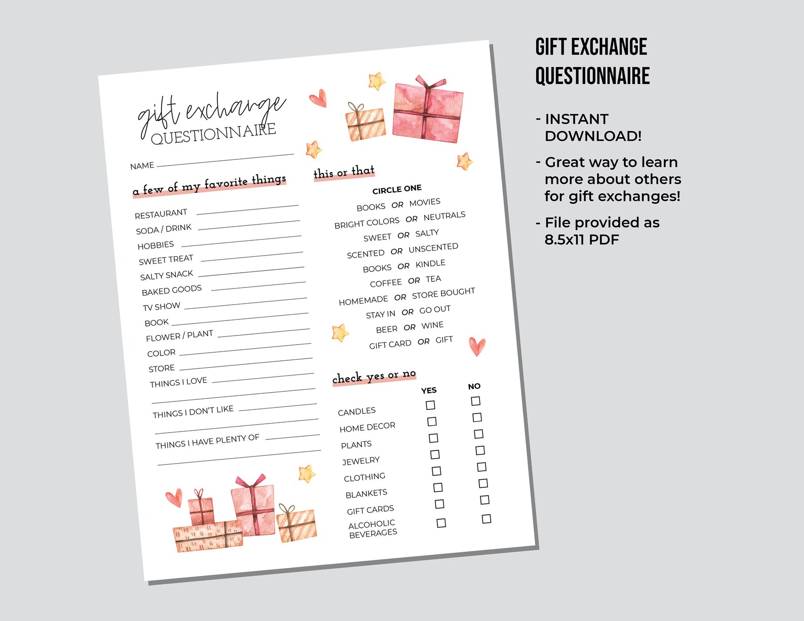 Gift Exchange Questionnaire, Gift Exchange Survey and Favorite Things ...