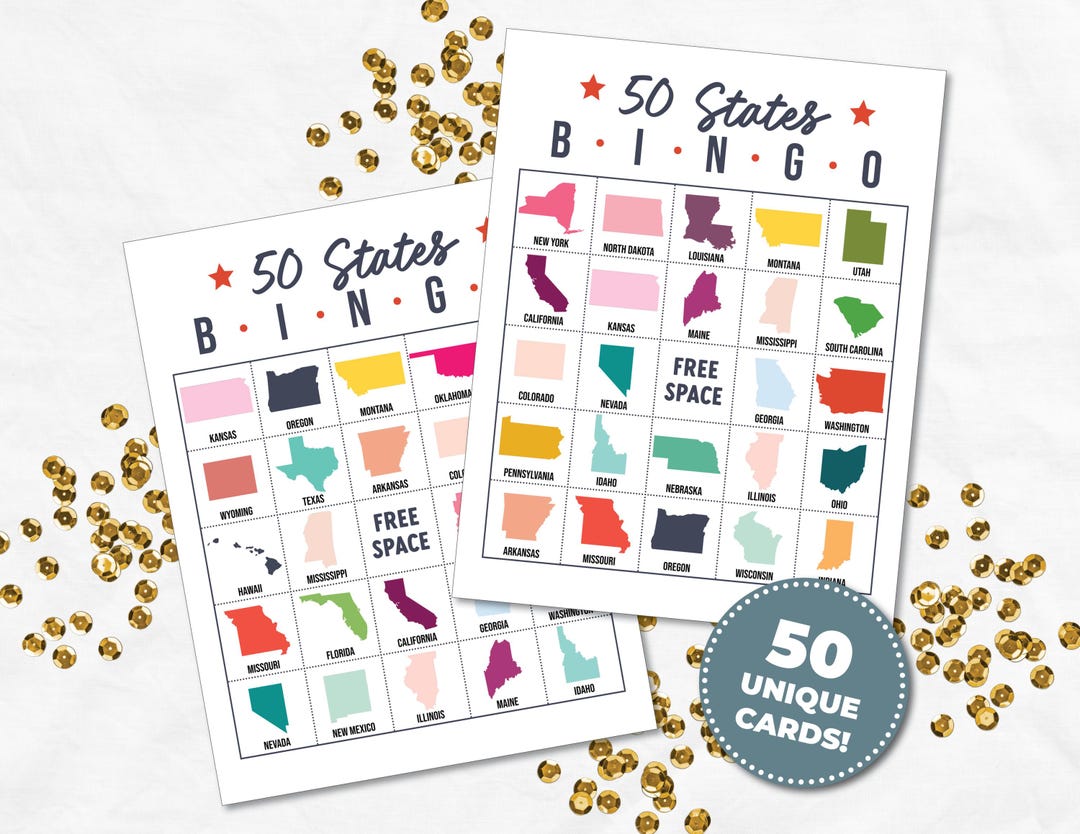 50 States Bingo Game With 50 Unique Bingo Cards, Fun Geography Bingo ...
