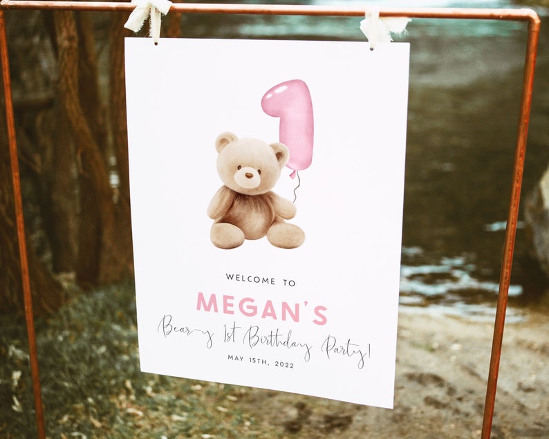 Bear 1st Birthday Welcome Sign Editable Template Beary First - Etsy
