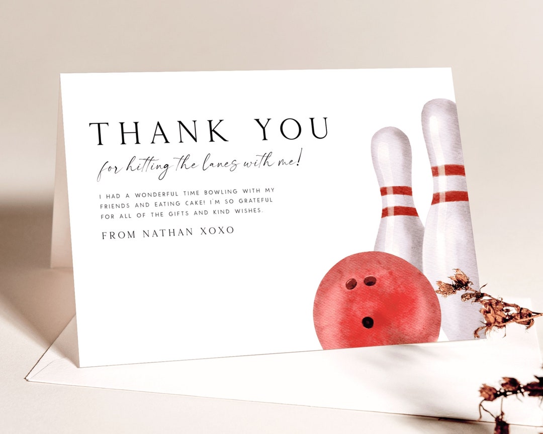 Bowling Thank You Card Editable Template Bowling Party Birthday Thank ...