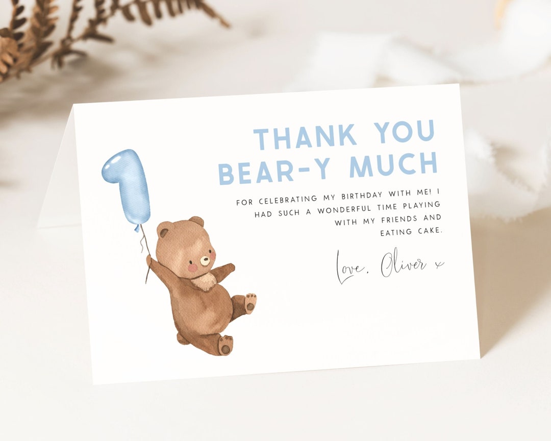 Bear 1st Birthday Thank You Card. Editable Beary First Birthday Thank ...