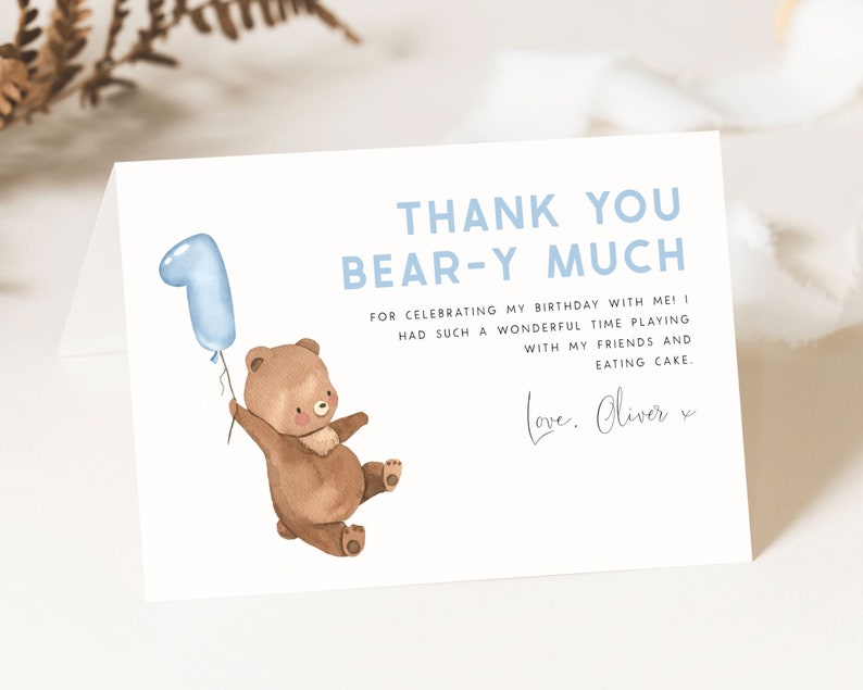Bear 1st Birthday Thank You Card. Editable Beary First - Etsy